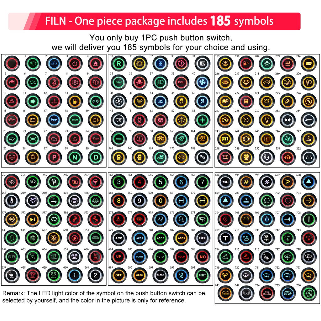 FILN Twin Metal Symbol Push Button Switches with 12V LED Light, Moment ...