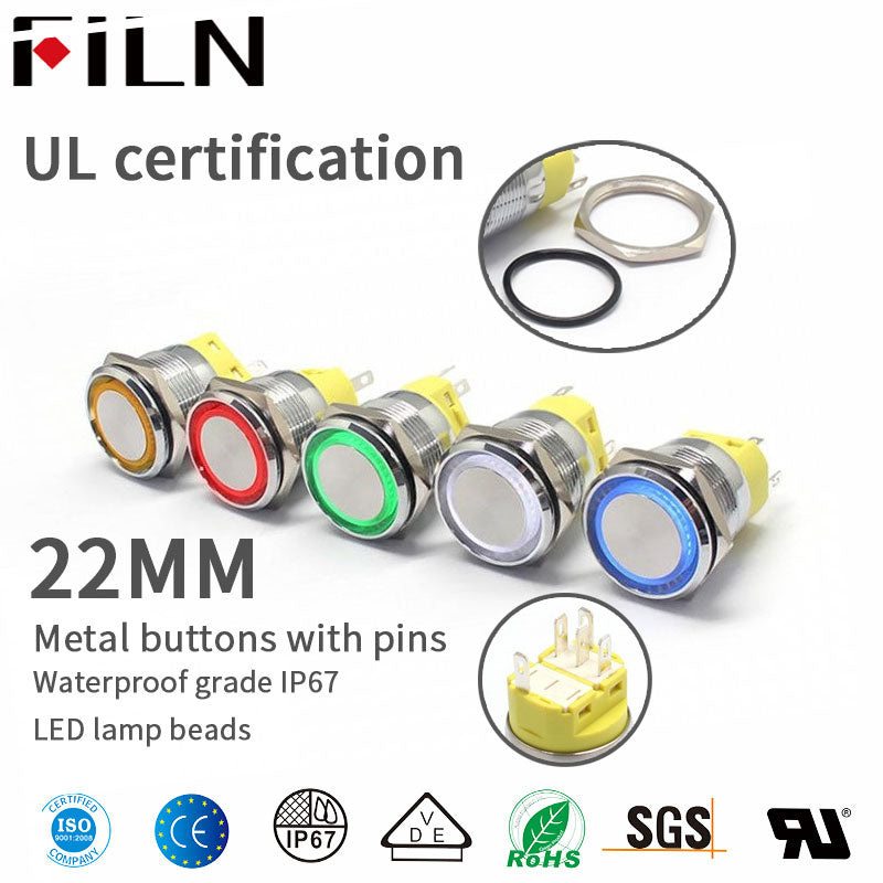 22MM 12v Waterproof Red LED Illuminated Push Button Switch - FILN ...