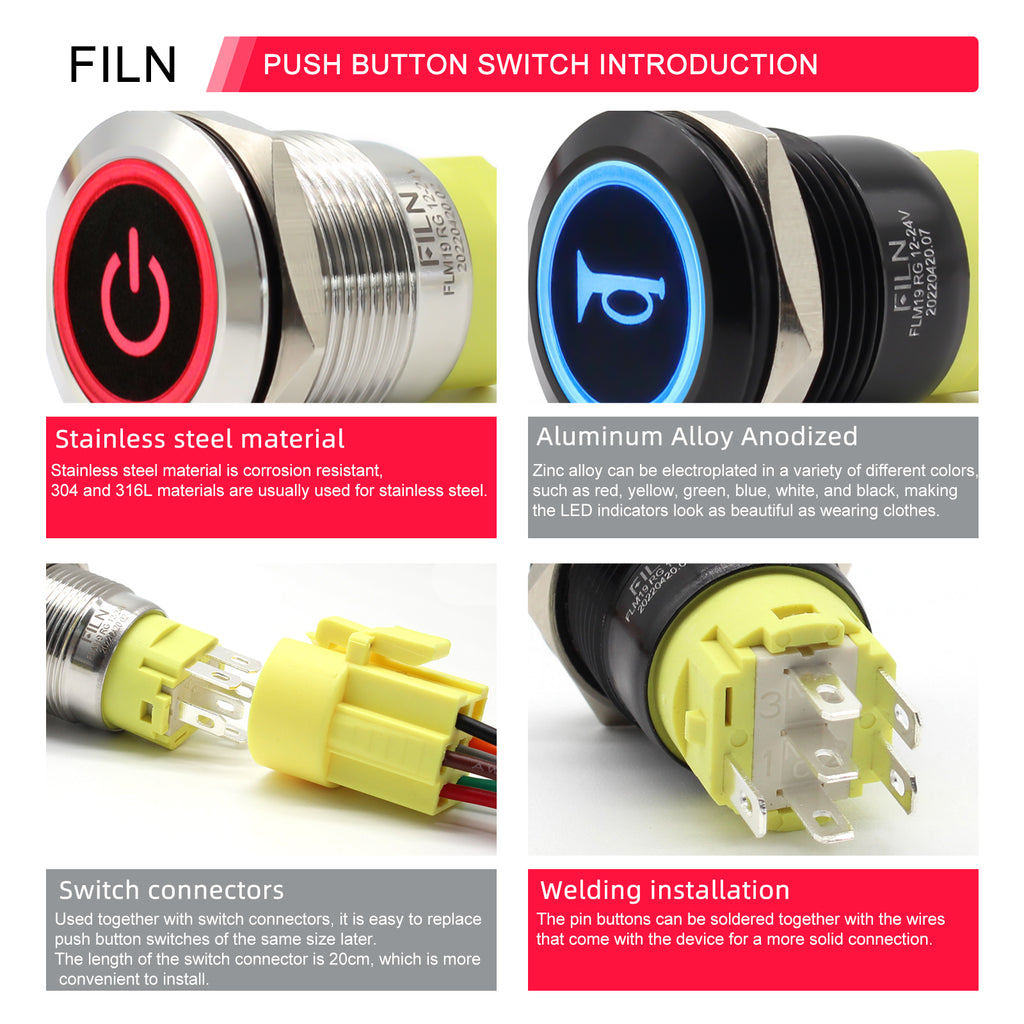 FILN Twin Metal Symbol Push Button Switches with 12V LED Light, Moment ...