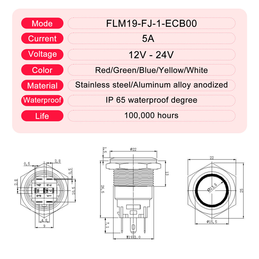 FILN Twin Metal Symbol Push Button Switches with 12V LED Light, Moment ...